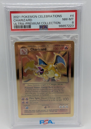 2021 Pokémon Celebrations #4 Charizard 4/102 Gold METAL Card PSA 8 Mint ...