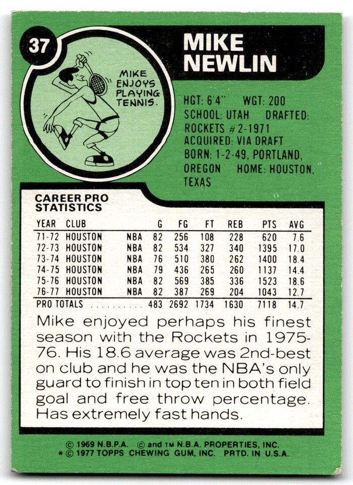 1977-78 Topps Mike Newlin Houston Rockets #37 Set Break - Most VG-EX+ ...