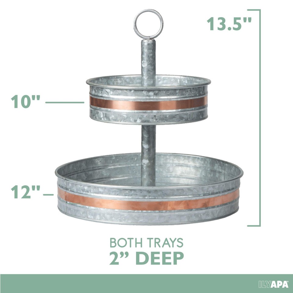 Galvanized Tiered Tray Stand with Copper Trim Metal 2 Tier Serving Tray ...
