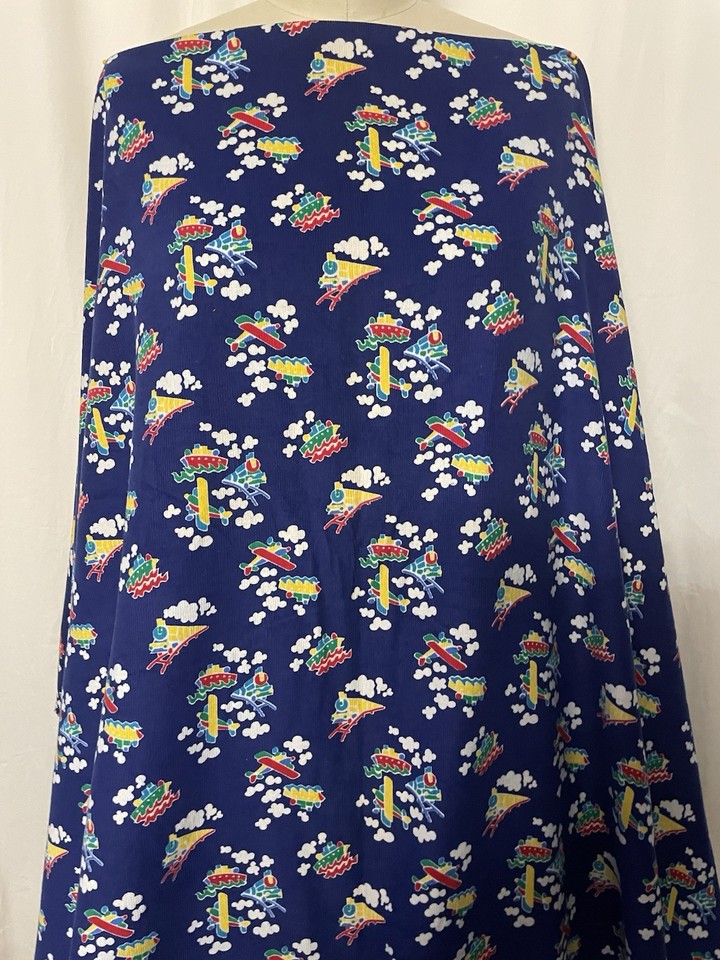 100% Cotton Blue Corduroy Plane Train Ships Clouds Print Fabric By The ...
