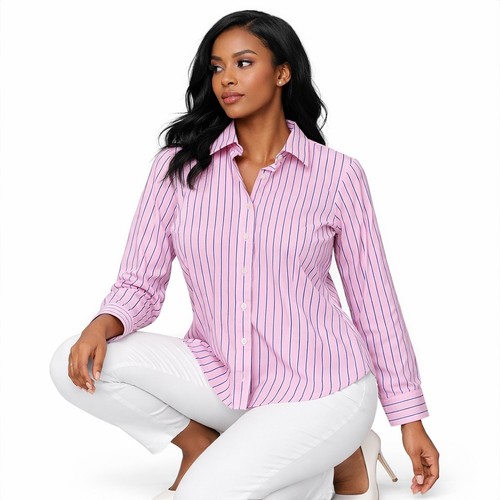 Lands' End Women's M Pink Striped No Iron Button-Up Shirt Officecore ...