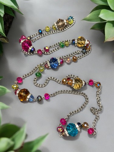 Vintage Necklace bright candy color crystal silver tone Sparkle ...