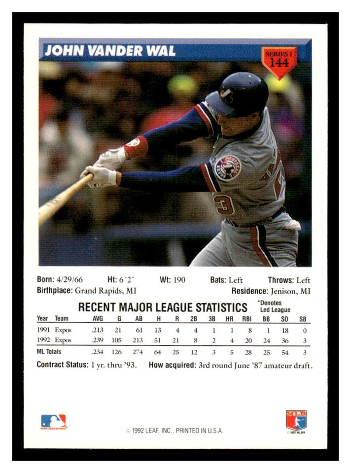 1993 Donruss #144 John Vander Wal - Montreal Expos | eBay