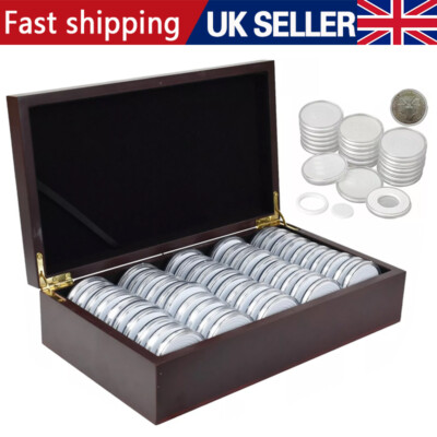 50 PCS Coin Capsules Storage Box with Wooden Case Holder Collection ...
