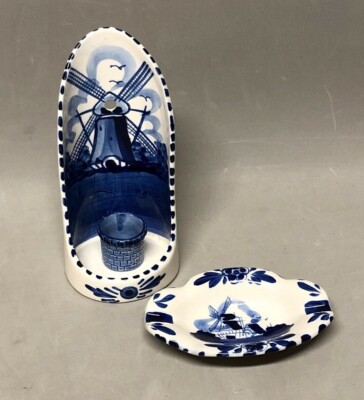 Delft Blue #29 Windmill Wall Sconce Taper Candle Holder & Small Ashtray ...