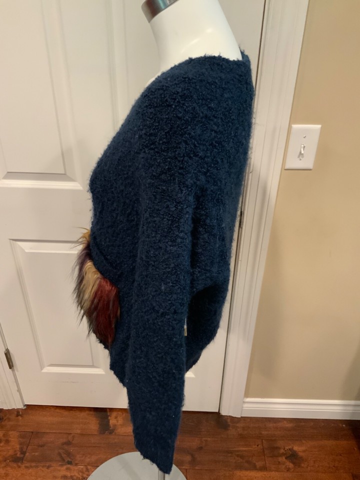 Zara Dark Blue Knit V-Neck Sweater Multicolor Faur Fur Trim Pockets ...
