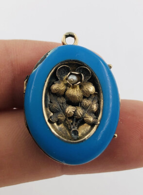 Antique Victorian 14K Gold & Seed Pearls Robin’s Egg Blue Enamel Locket ...