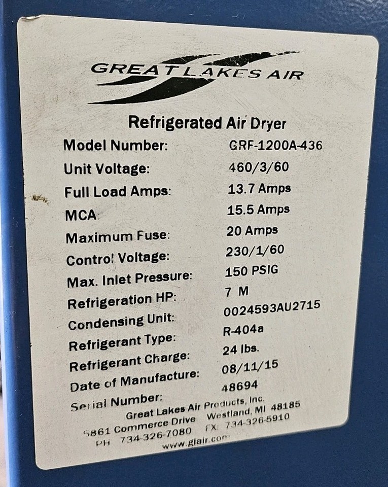 GRF-1200A-436 Great Lakes Air 460V 3Ph Refrigerated Air Dryer - Clean ...