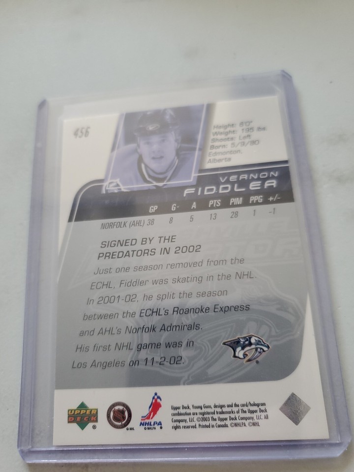 2002-03 VERNON FIDDLER UPPER DECK YOUNG GUNS ROOKIE CARD NASHVILLE ...