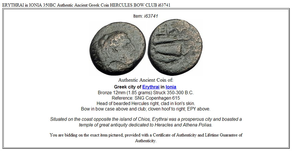 ERYTHRAI in IONIA 350BC Authentic Ancient Greek Coin HERCULES BOW CLUB ...
