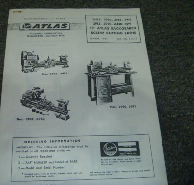 Clausing 3982 3983 Atlas Screw Cutting Lathe 12" Parts Catalog ...