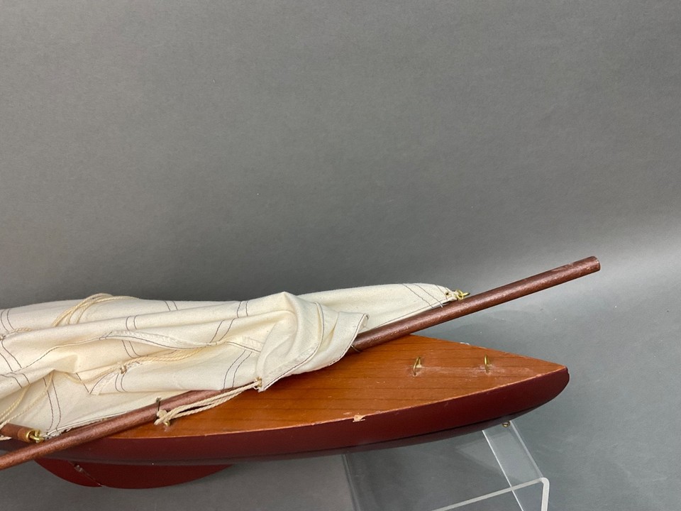 Lg Vintage Wooden Pond Yacht Model Sailboat w/ Sail Cloth 24" Long X 30 ...