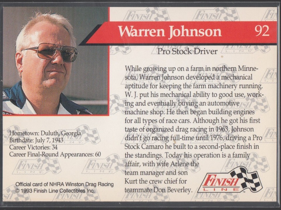 WARREN JOHNSON 1993 Finish Line NHRA Drag Racing #92 TTM/IP Signed ...
