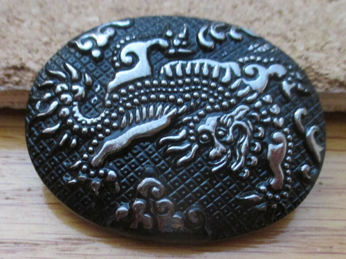1 - Silver Raised Dragon on an Oval Black Button #43 42.46mm x 33.05mm ...