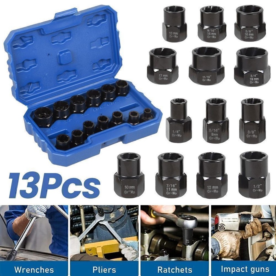 13pcs Impact Damaged Bolt Nut Screw Remover Extractor Set Twist Socket ...