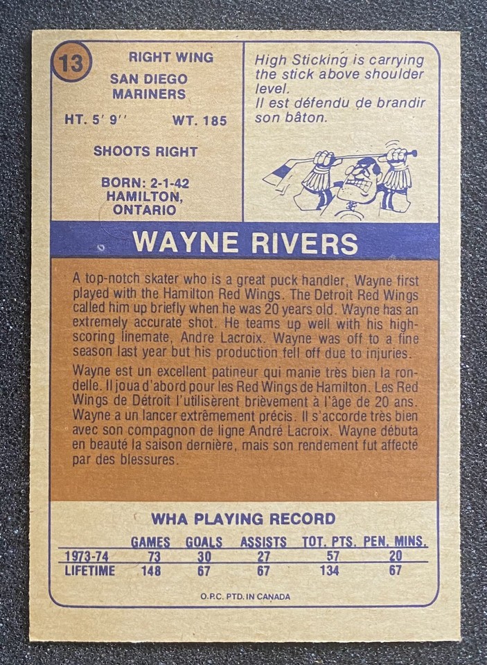 1974-75 OPC WHA Hockey Wayne Rivers #13 NM | eBay
