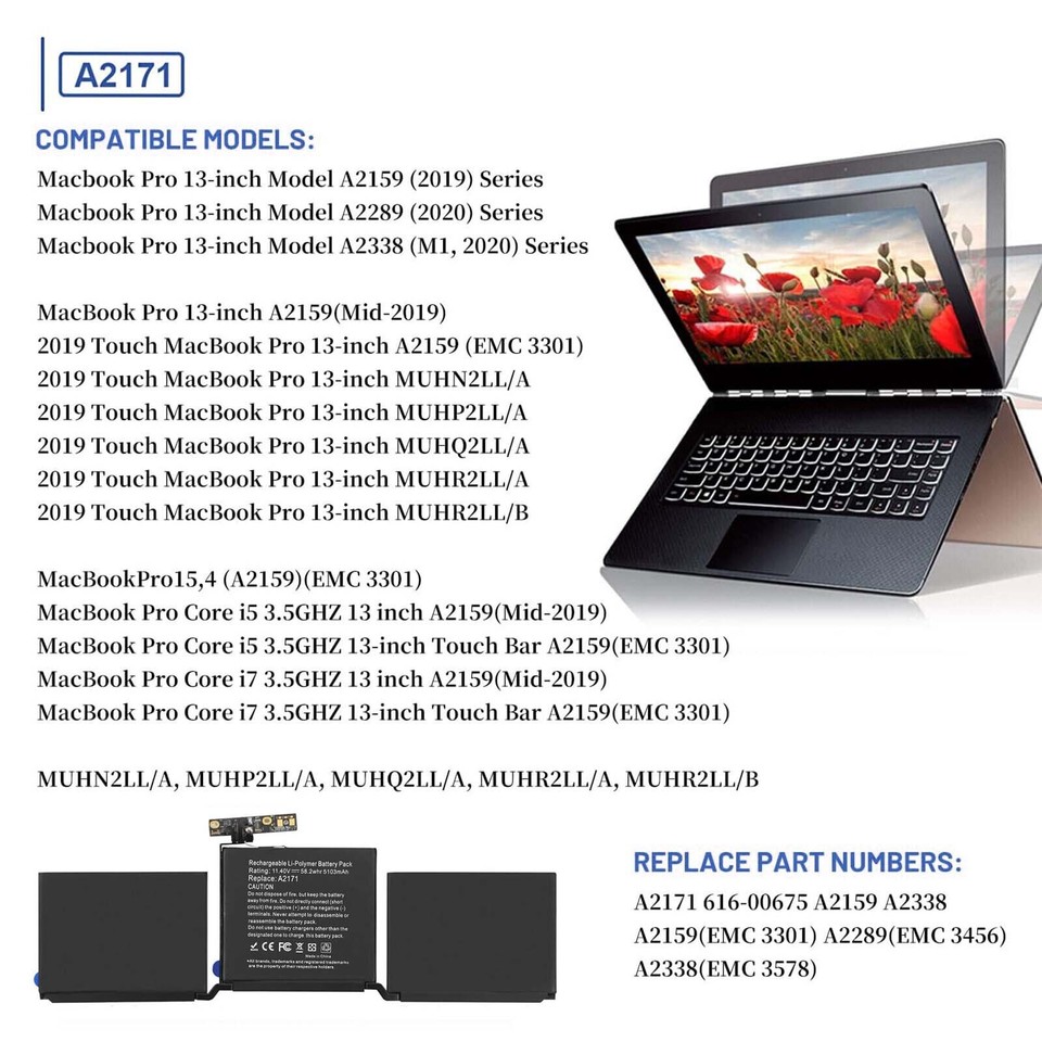 A2171 A2159 Battery For Apple MacBook Pro 13" A2289 A2338 Retina Mid ...