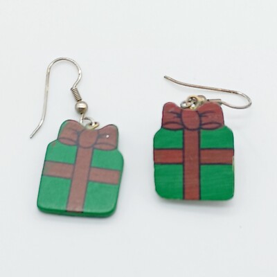Wood Christmas Present Dangle Pierced Earrings Green With Red Bow | eBay