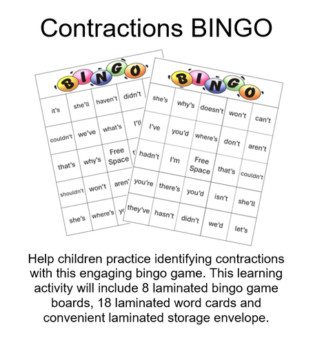 Teacher Made Center Activity Learning Resource Game Contractions BINGO ...