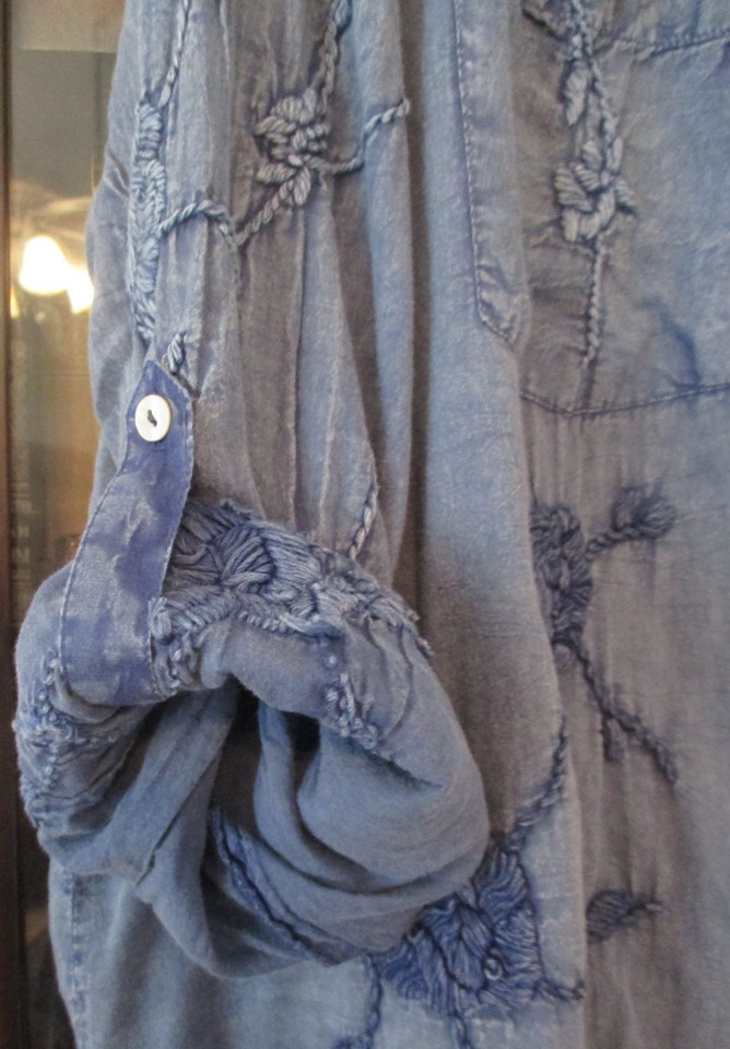 Kyla Seo Women's 1X Blue Embroidered Button-Up Shirt Top Bohemian Roll ...