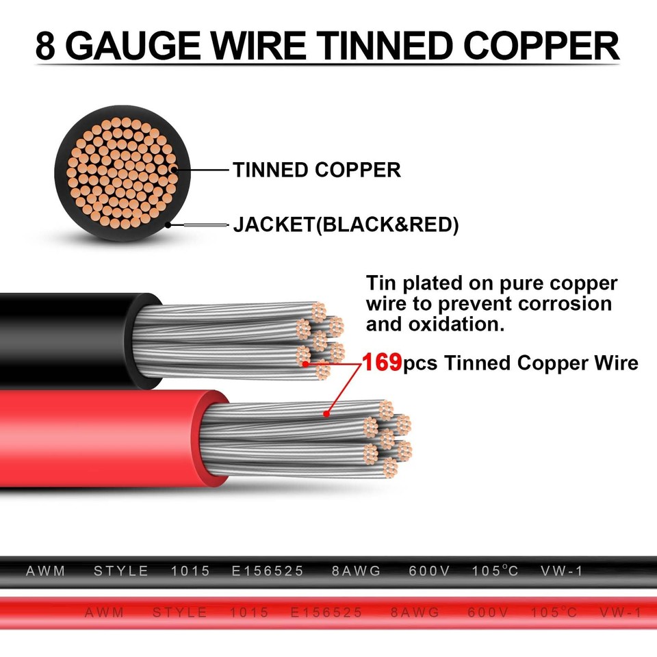 Battery Cable - 8 AWG 8 Gauge Wire Made with Tinned Copper Wire Battery ...