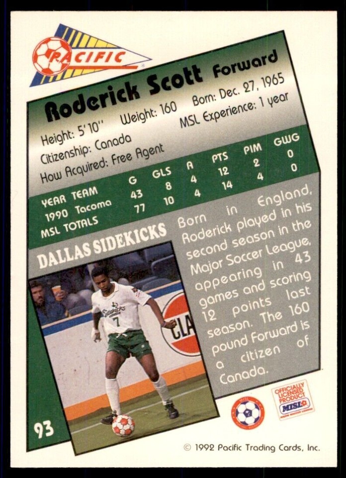 1992 Pacific MSL Roderick Scott c Dallas Sidekicks #93 | eBay
