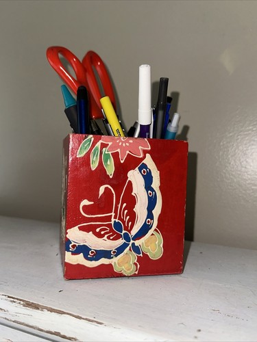 Handpainted BUTTERFLY Wood Pen Pencil Scissor Caddy Box BID 4 CHARITY ...