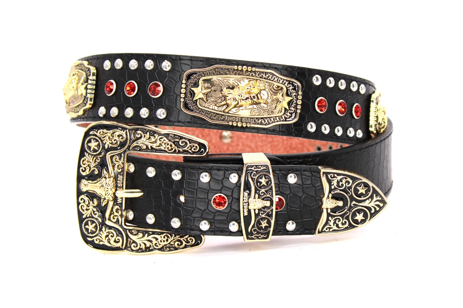 Western Belt Black Gold Bull Rider Men Red Stone Crocodile Snake Patter ...