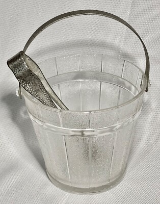 VINTAGE Depression Textured Clear Glass Keg Barware Ice Bucket w ...