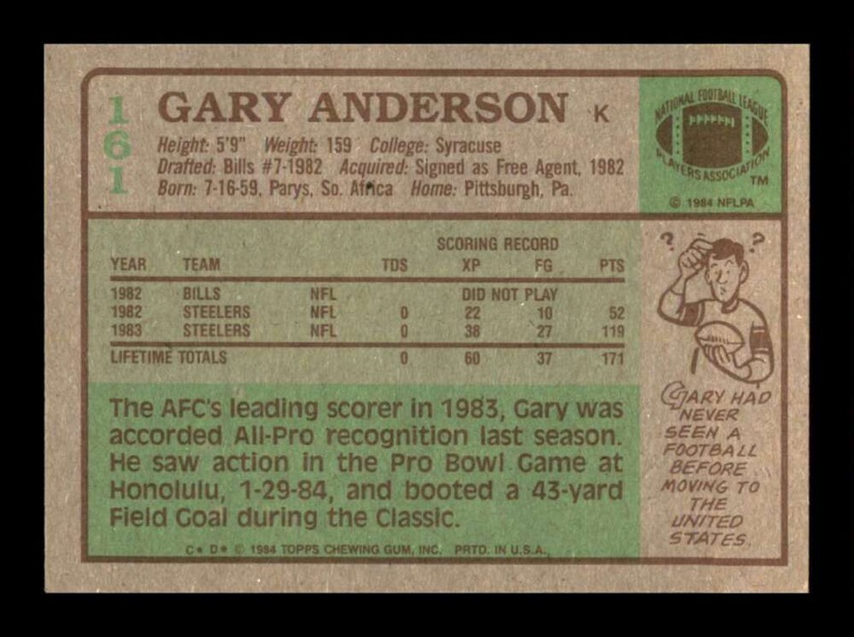 1984 Topps Gary Anderson #161 Pittsburgh Steelers | eBay