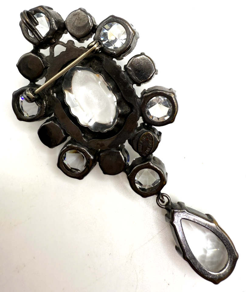 VINTAGE SIGNED SCHREINER CRYSTAL CABOCHON PIN BROOCH W/ CRYSTAL DANGLE ...