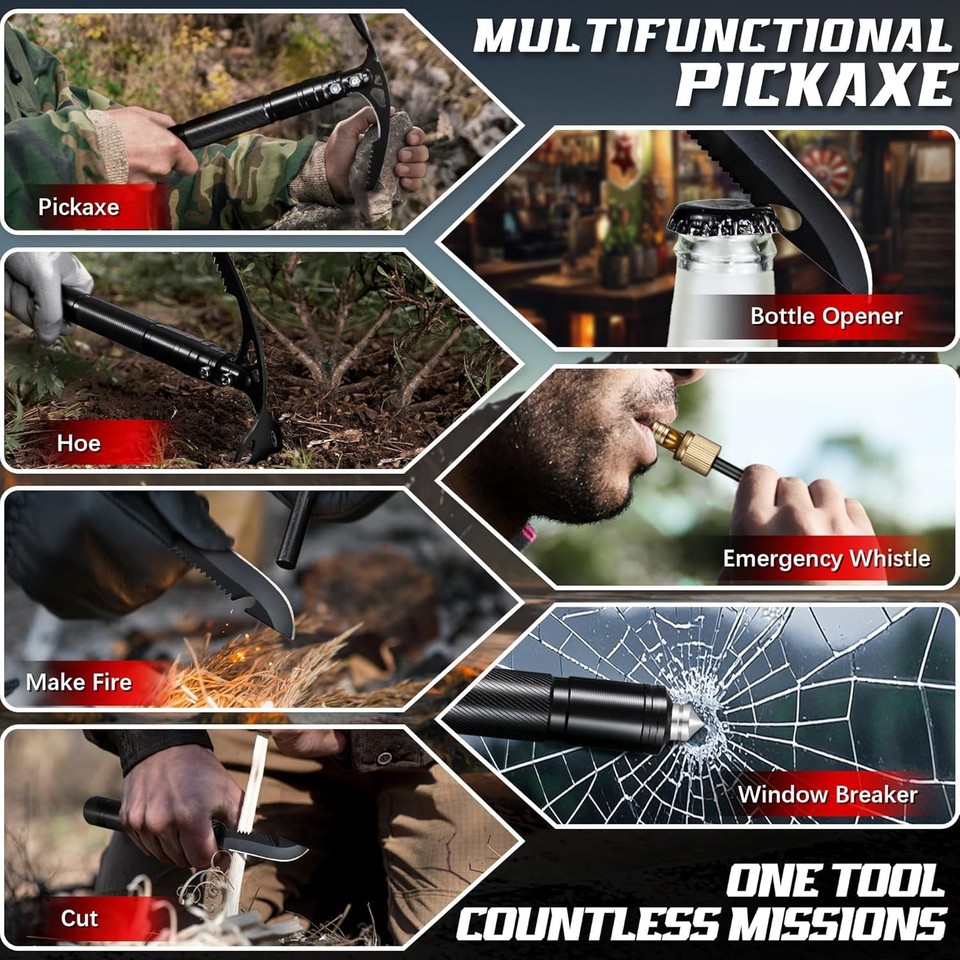Pick Axe 8 in 1, Folding Pickaxe Mattock with Multi-purpose Garden Hoe ...