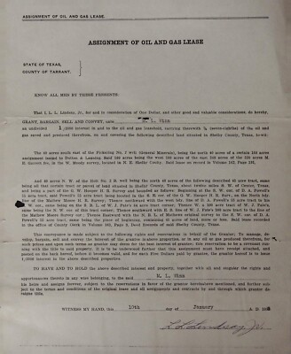 Vintage Assignment of Oil and Gas Lease Texas Tarrant County Jan 1935 ...