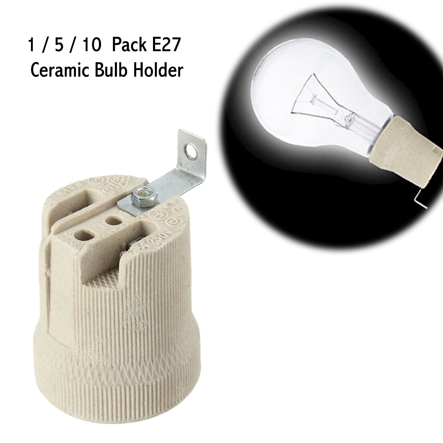 Edison Screw E27 ES Ceramic Socket Bulb Holder & Fixing Bracket for ...