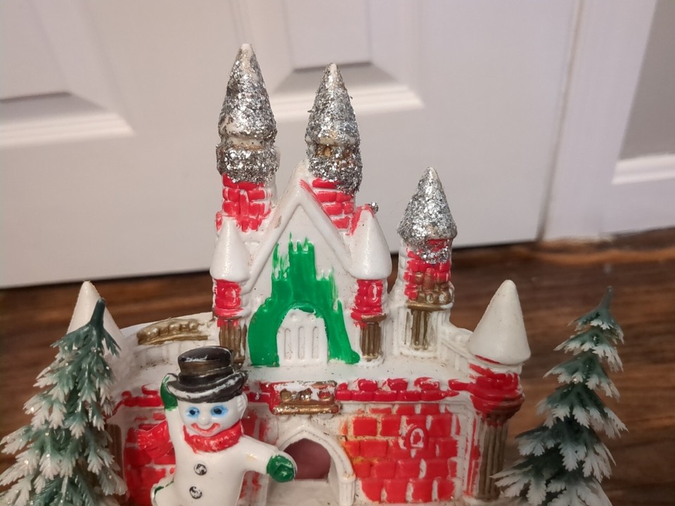 Vintage Christmas Wall Blow Mold Skating Snowman Glitter Castle Hong ...