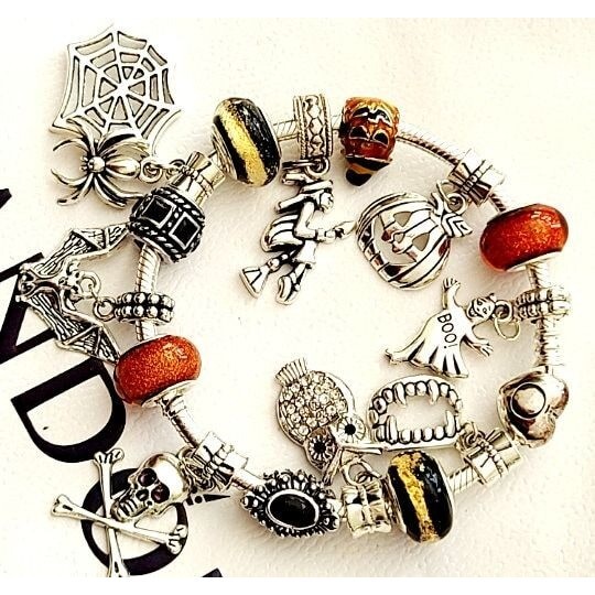 PANDORA GOTHIC HALLOWEEN Charm Bracelet .925 Sterling Silver Bat Skull ...
