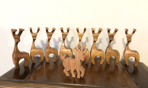Carved Wood Reindeer LOT 9 Rudolph Dasher Dancer Prancer Vixon Vintage ...