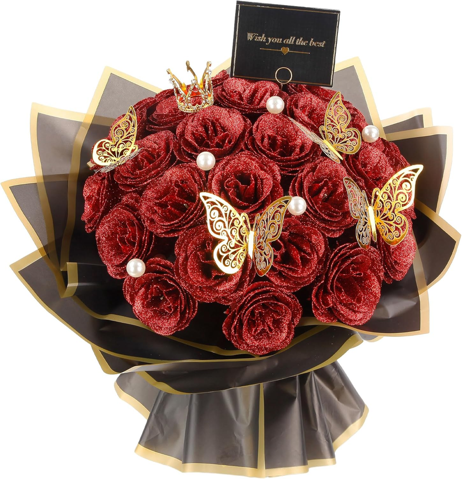 30 Pcs Glitter Roses Bouquet, Red Shiny Artificial Roses Flowers with ...