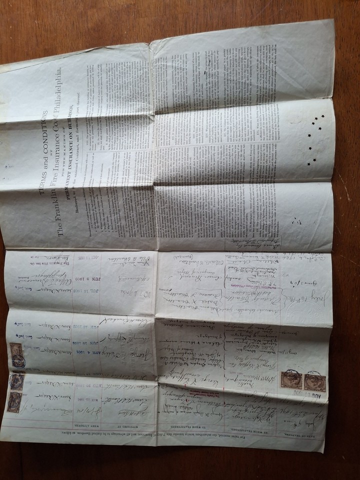 1884 Franklin Fire Insurance Co. of Philadelphia Fire Policy With ...