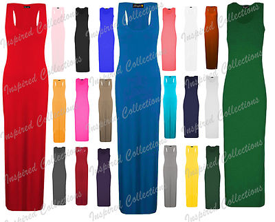 Plus Size Womens Racer Back Plain Maxi Dress Bodycon Sleeveless Ladies ...
