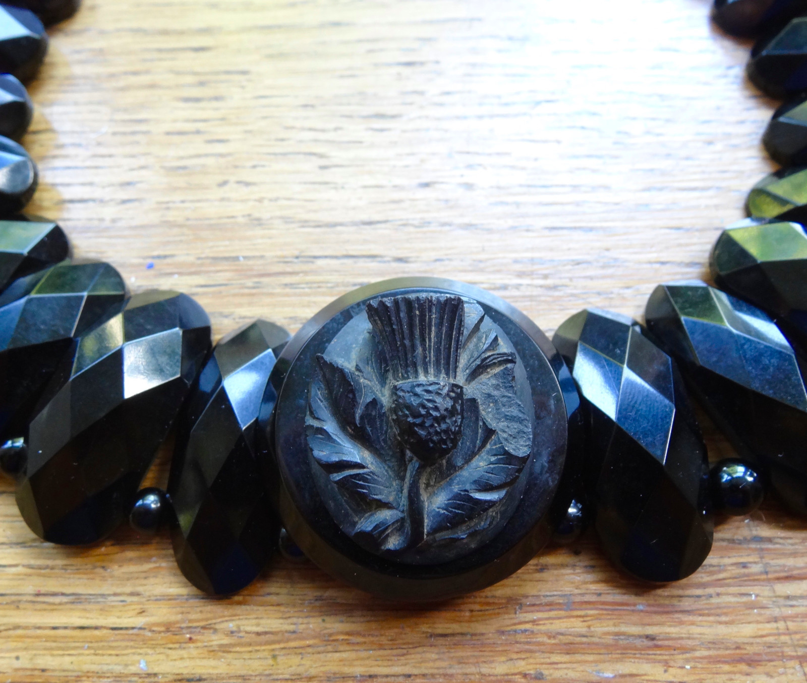 HUGE antique Victorian WHITBY JET thistle flower cameo collar necklace ...