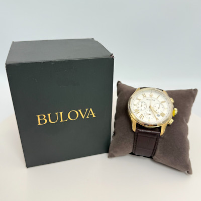 Bulova Wilton Classic 46mm White Dial Brown Leather Quartz Men's Watch ...