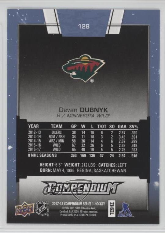 2017-18 Upper Deck Compendium Blue Devan Dubnyk #128 | eBay