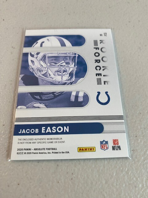 2020 Panini Absolute Football Jacob Eason Rookie Force RC Patch #12 Colts | eBay