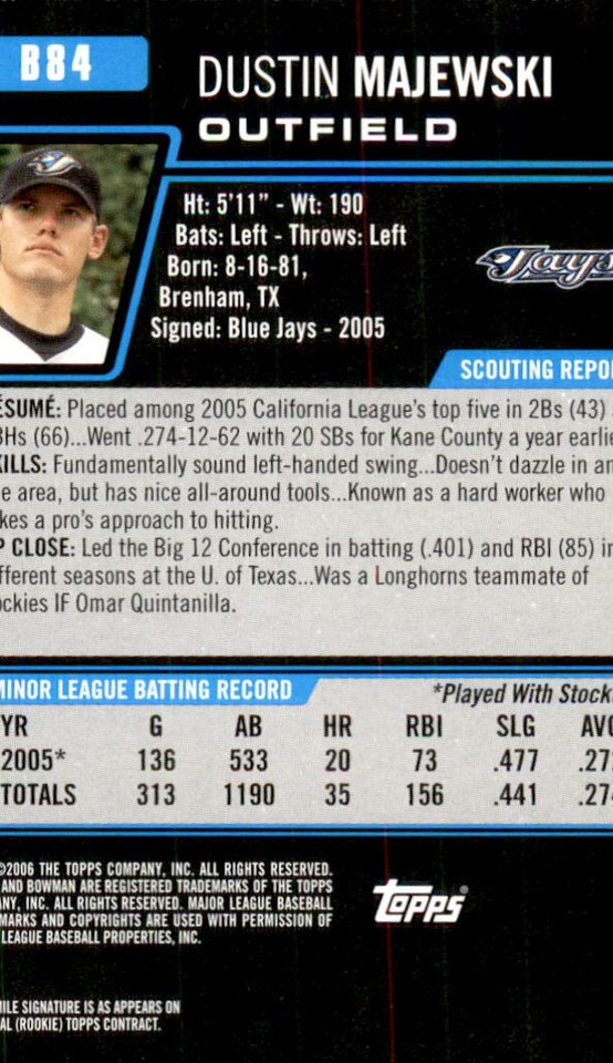 2006 Bowman Prospects #B84 Dustin Majewski Toronto Blue Jays | eBay