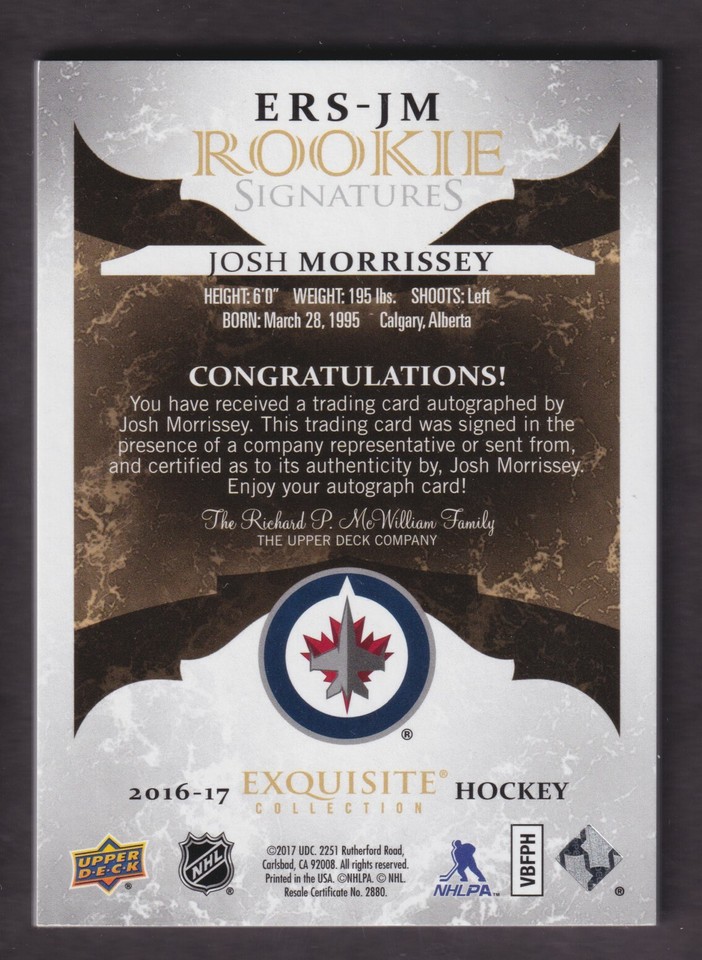 Josh Morrissey 2016-17 Exquisite Rookie Signatures On Card Autograph ...
