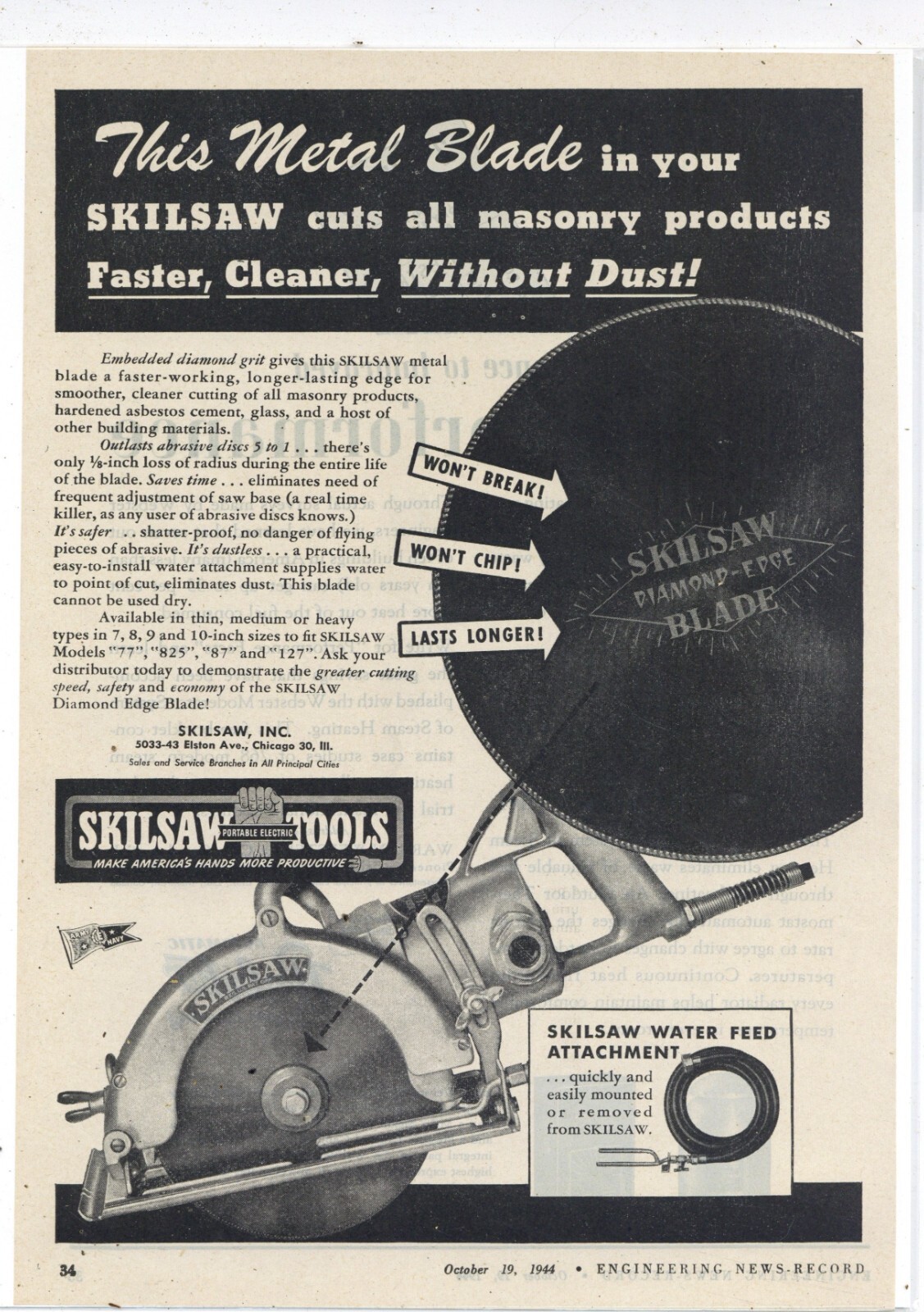 1944 Skilsaw Tools Ad: Portable Electric Tools w/ Diamond Edge Blade ...