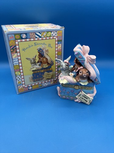 CWC Porcelain Box Easter Bunnies & Eggs Hinged Keepsake Hand Painted ...