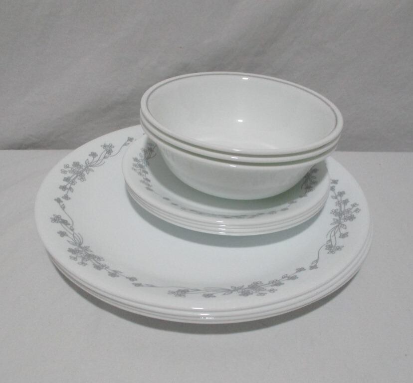 Vintage Corelle Ribbon Bouquet silver gray dishes plates bowls 11 PIECE ...