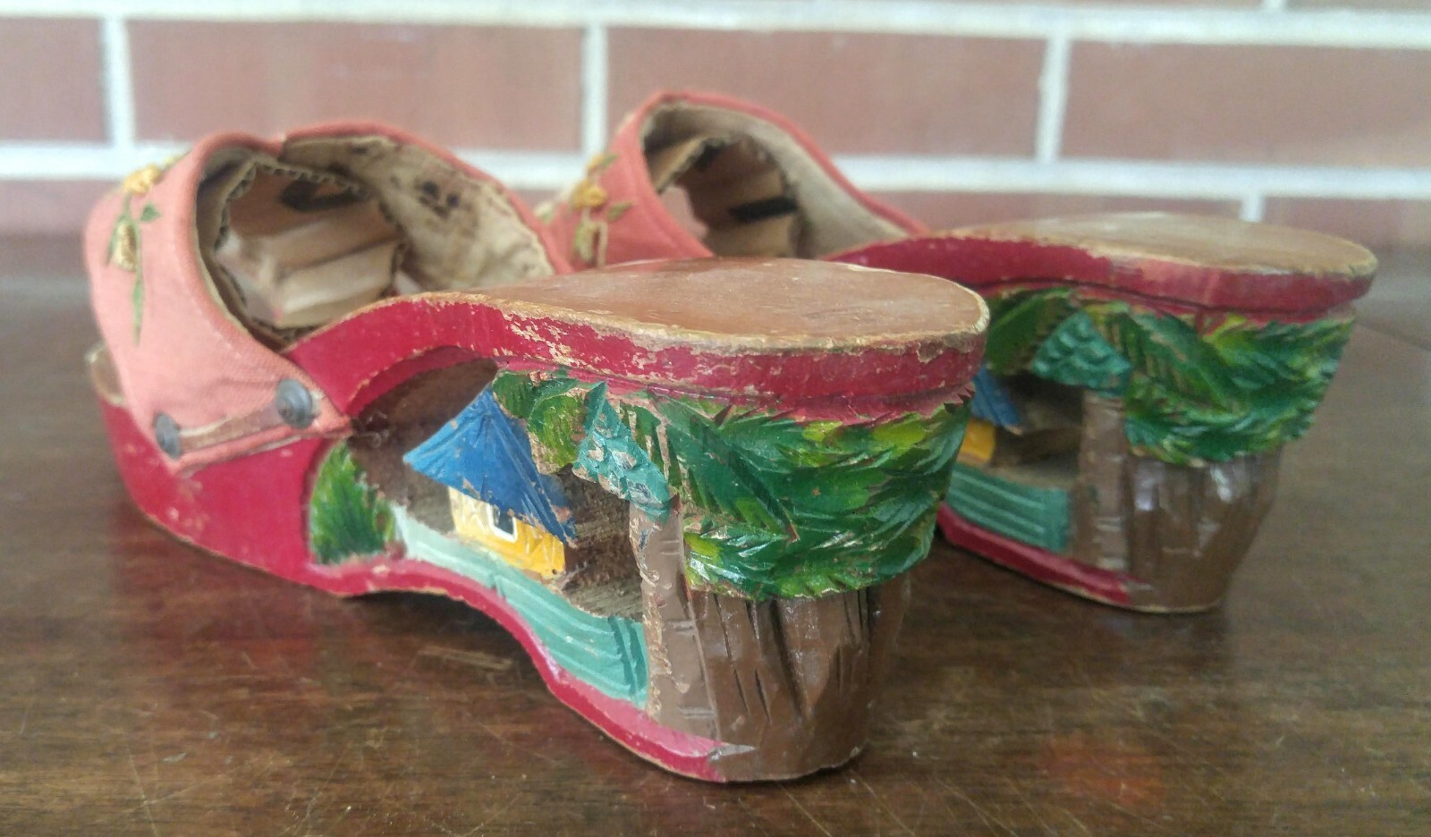 Vintage 1940s Asian Carved Tiki Hut Palm Trees Open Toe Wood Clog Bakya ...